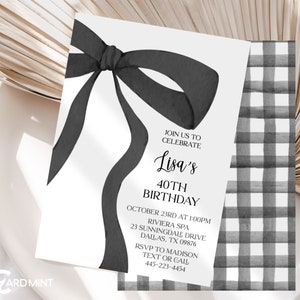 Editable Black Bow Birthday Invitation, Black Watercolor Ribbon,adult ...