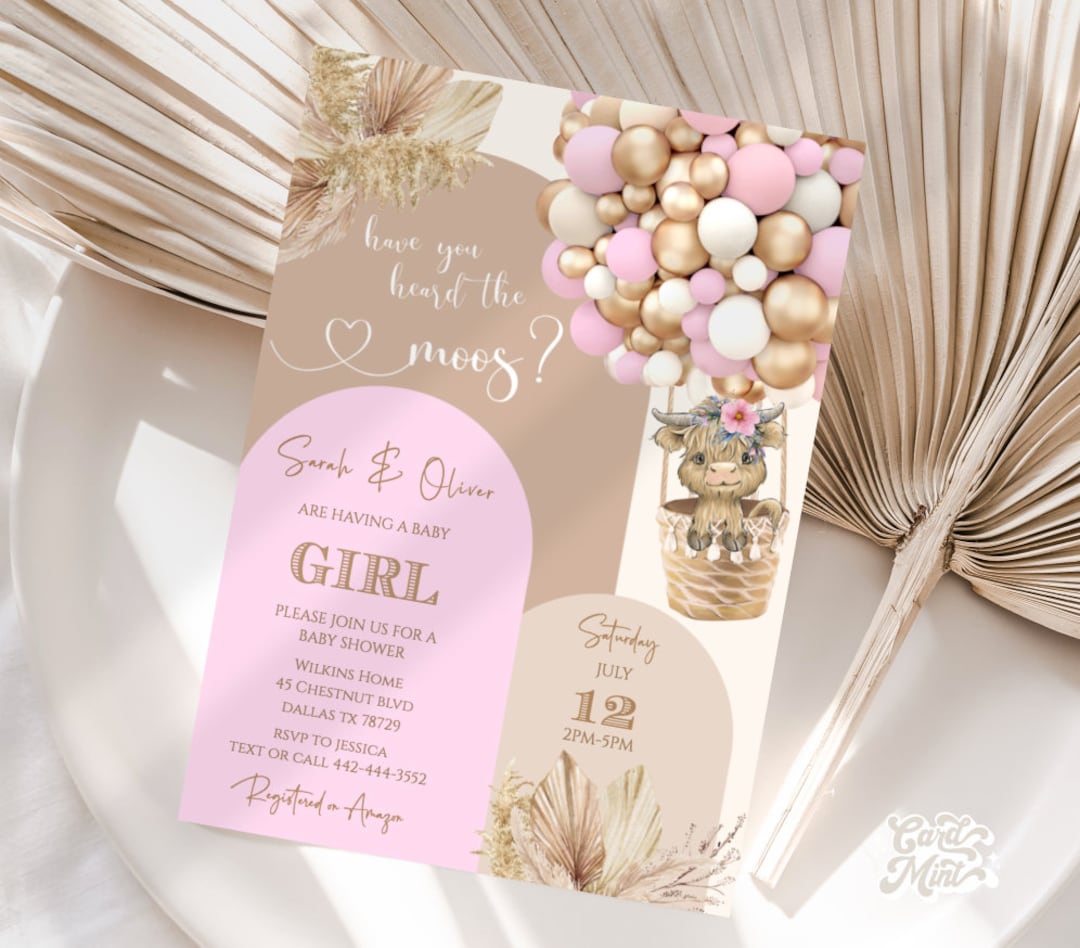 EDITABLE Boho Highland Cow Arch Invitations, Moo Baby Shower Balloons ...