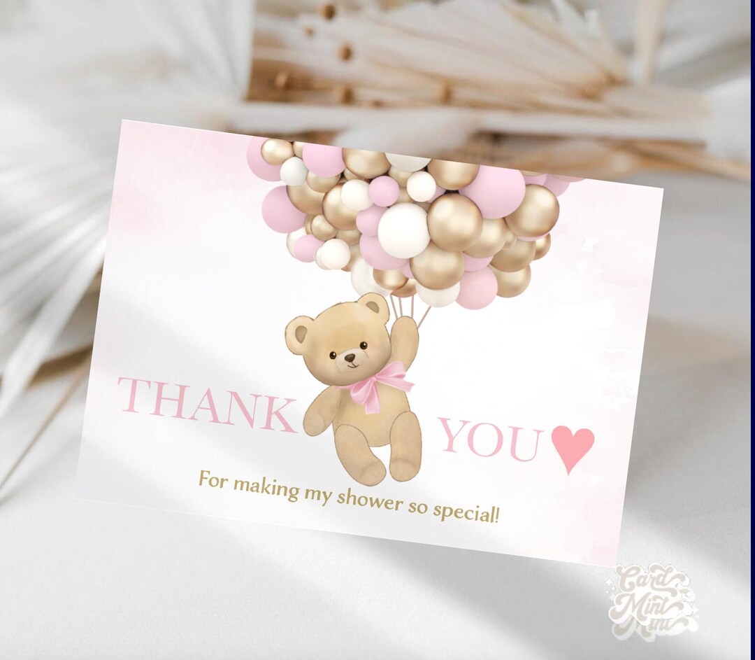 Editable Teddy Bear Thank You Cards, Pink and Gold Balloons Baby Shower ...