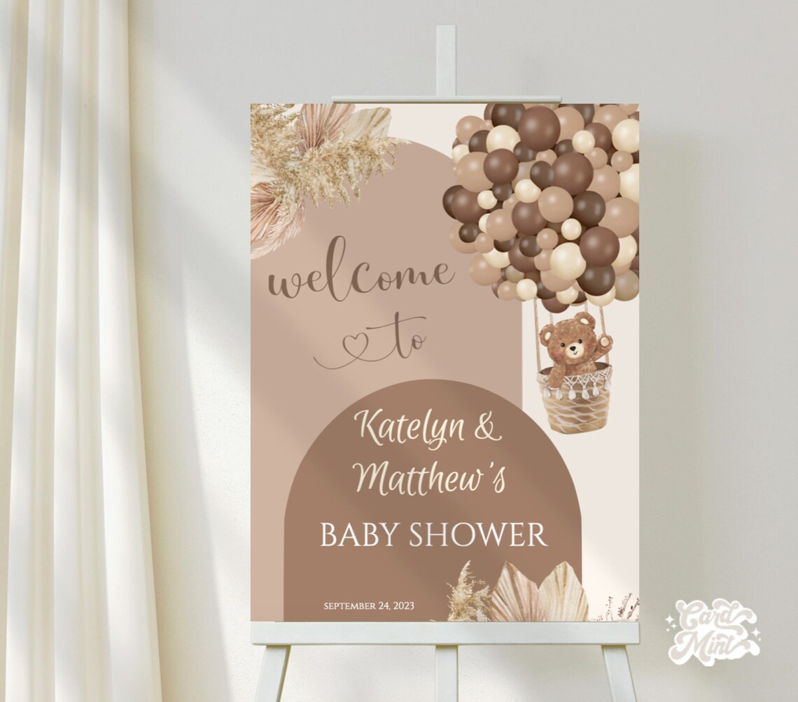 Editable Welcome Brown Bear Party Sign, Hot Air Balloon Baby Shower ...
