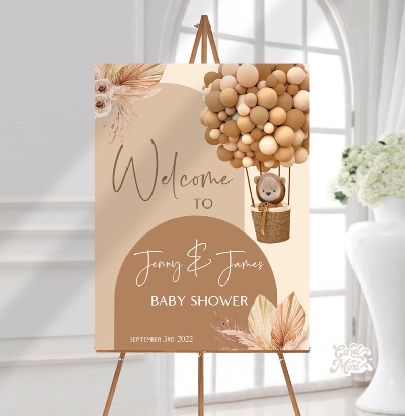 Editable Welcome Brown Bear Party Sign Sign, Hot Air Balloon Baby ...