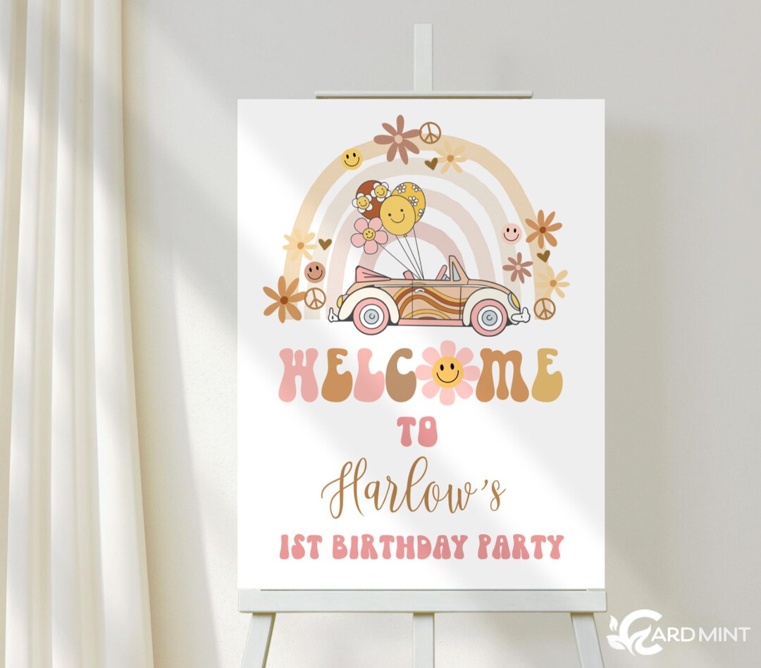 Editable Welcome Sign Groovy Party Sign, Rainbow Birthday Poster ...