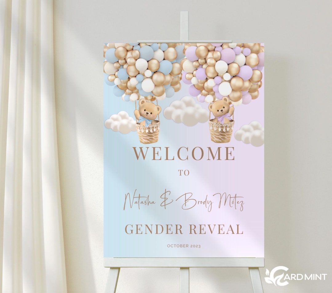 Editable Welcome Teddy Bear Party Sign, Blue & Purple Hot Air Balloon ...