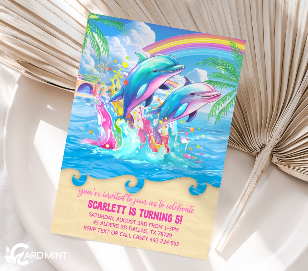 Editable Rainbow Dolphin Beach Birthday Party Invitation by the Sea ...