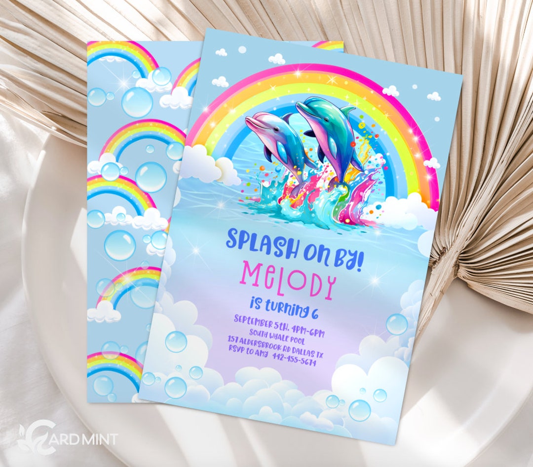 EDITABLE Rainbow Dolphin Pool Birthday Party Invitation Cute Girl ...
