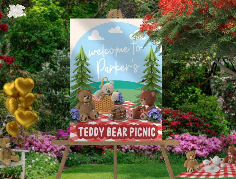 EDITABLE Teddy Bear Picnic Theme Birthday Party Poster Large - Etsy
