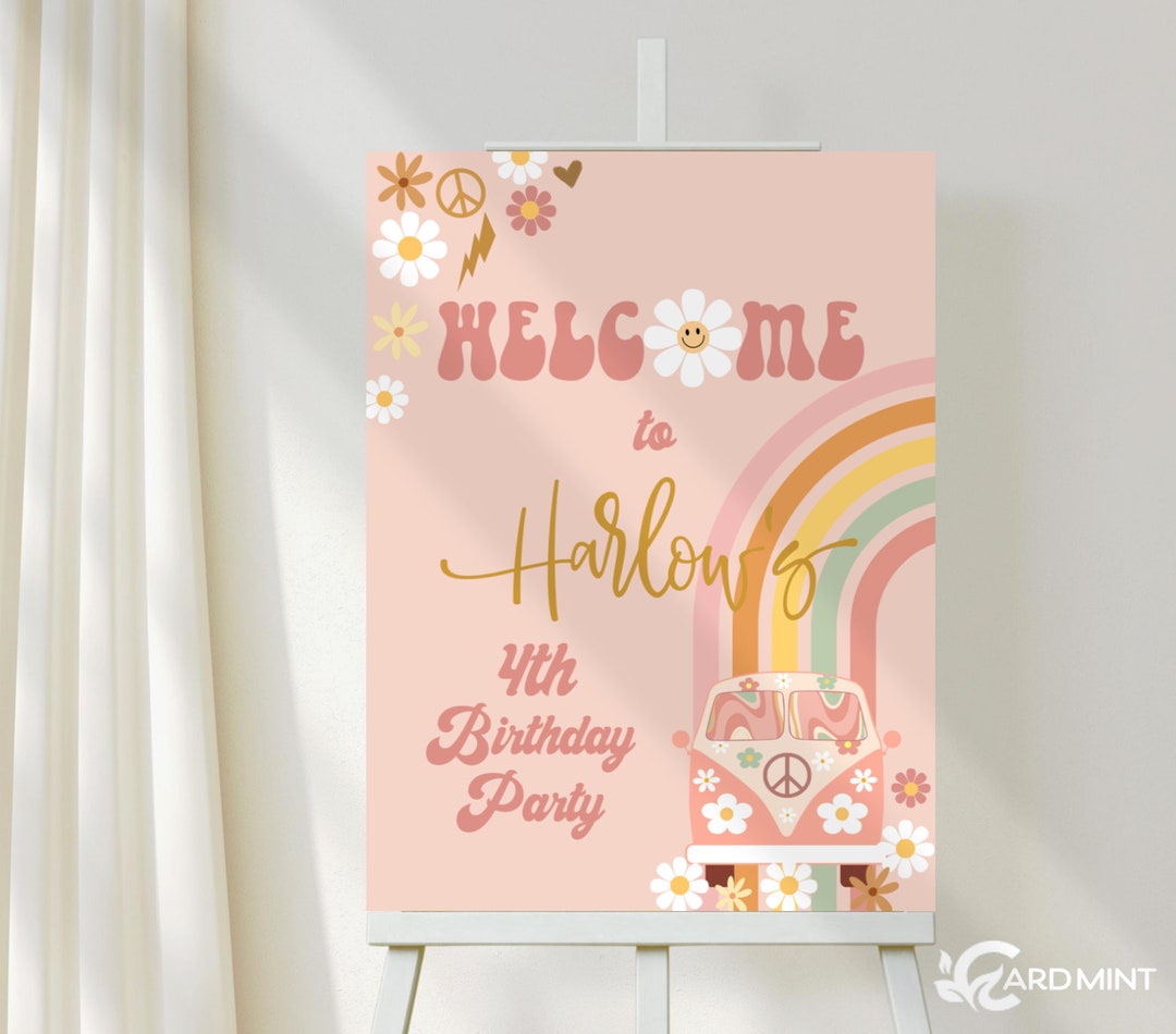Editable Welcome Sign Groovy 4th Party Sign Rainbow Birthday Sign Four ...