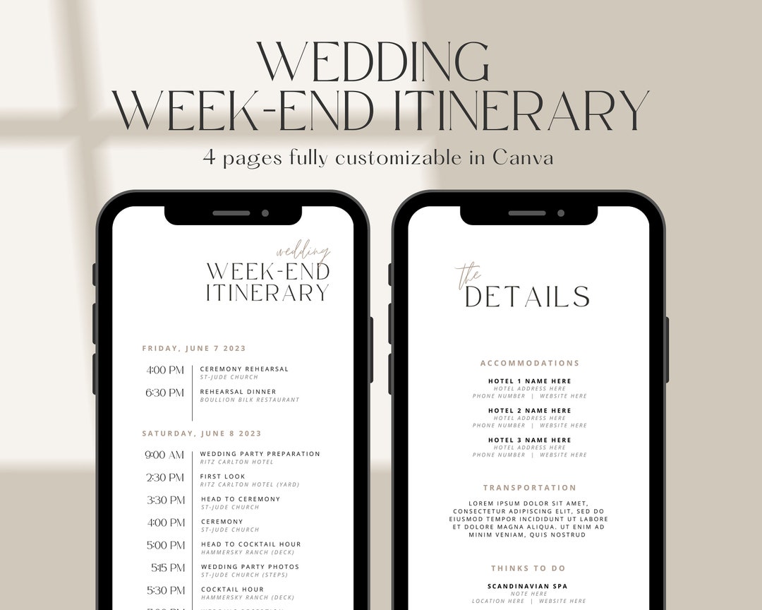 WEDDING ITINERARY TEMPLATE | Editable on Canva, Wedding Party & Guests ...