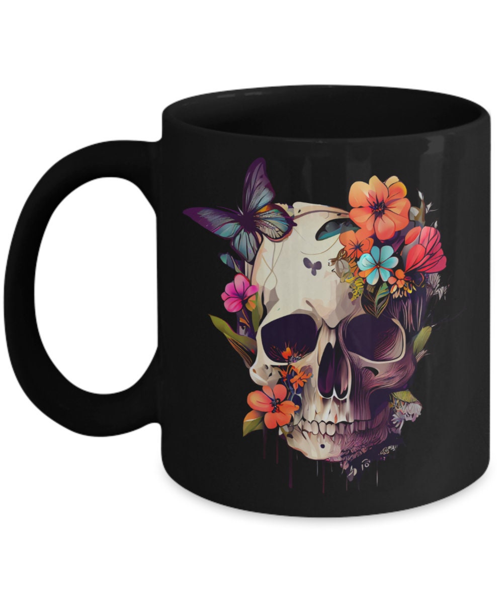 Floral Skull Coffee Mug, Edgy Goth Mug, Floral Skull Cup, Cranium Mug ...