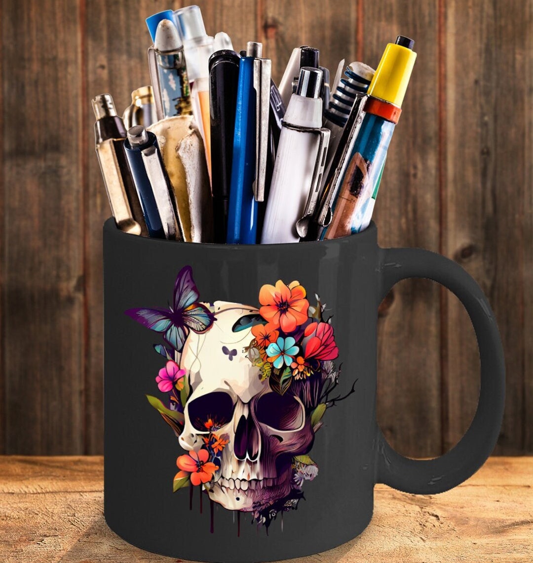 Floral Skull Coffee Mug, Edgy Goth Mug, Floral Skull Cup, Cranium Mug ...