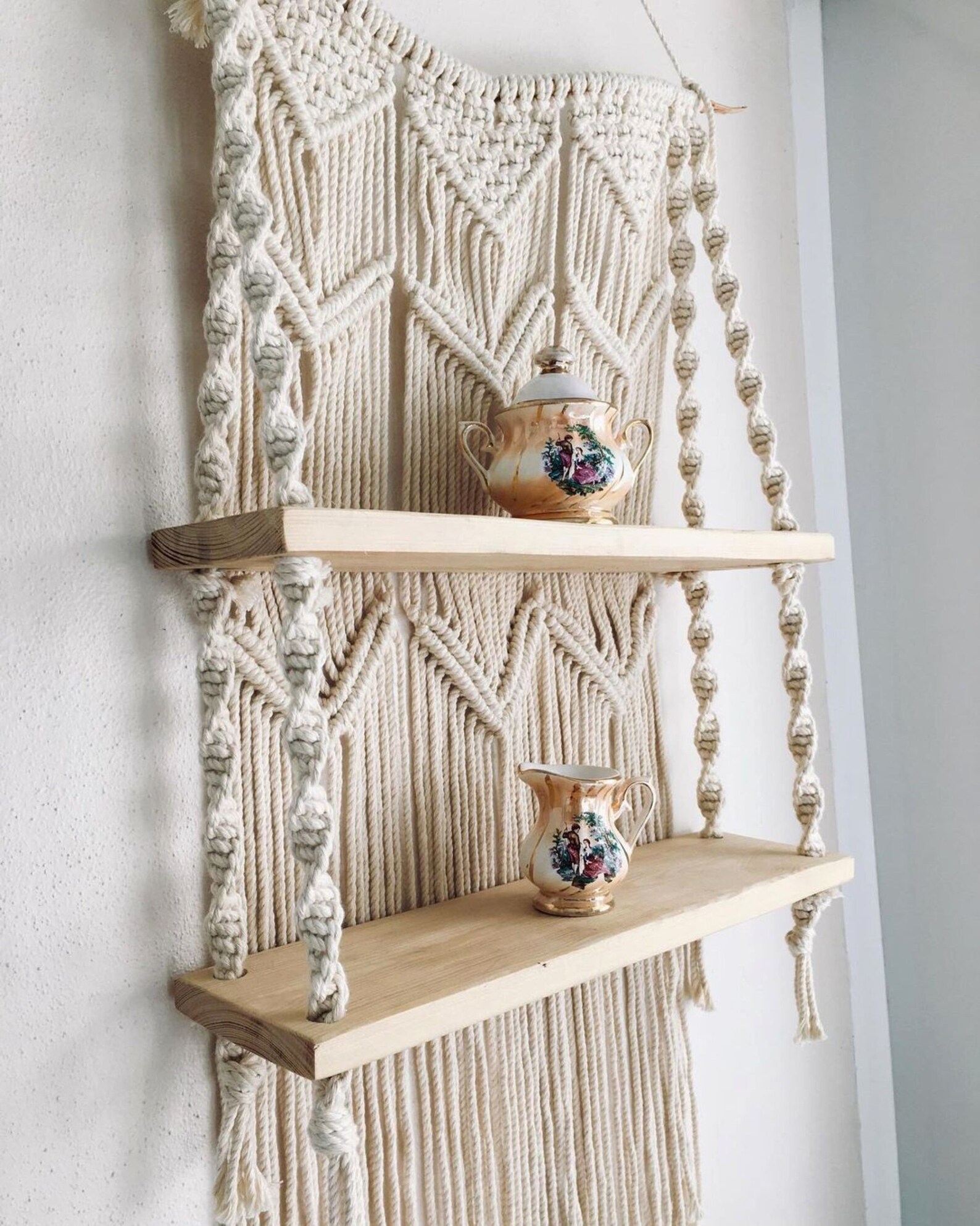 Macrame Two Tiered Shelf Floating Shelf Wall Shelf Double - Etsy UK