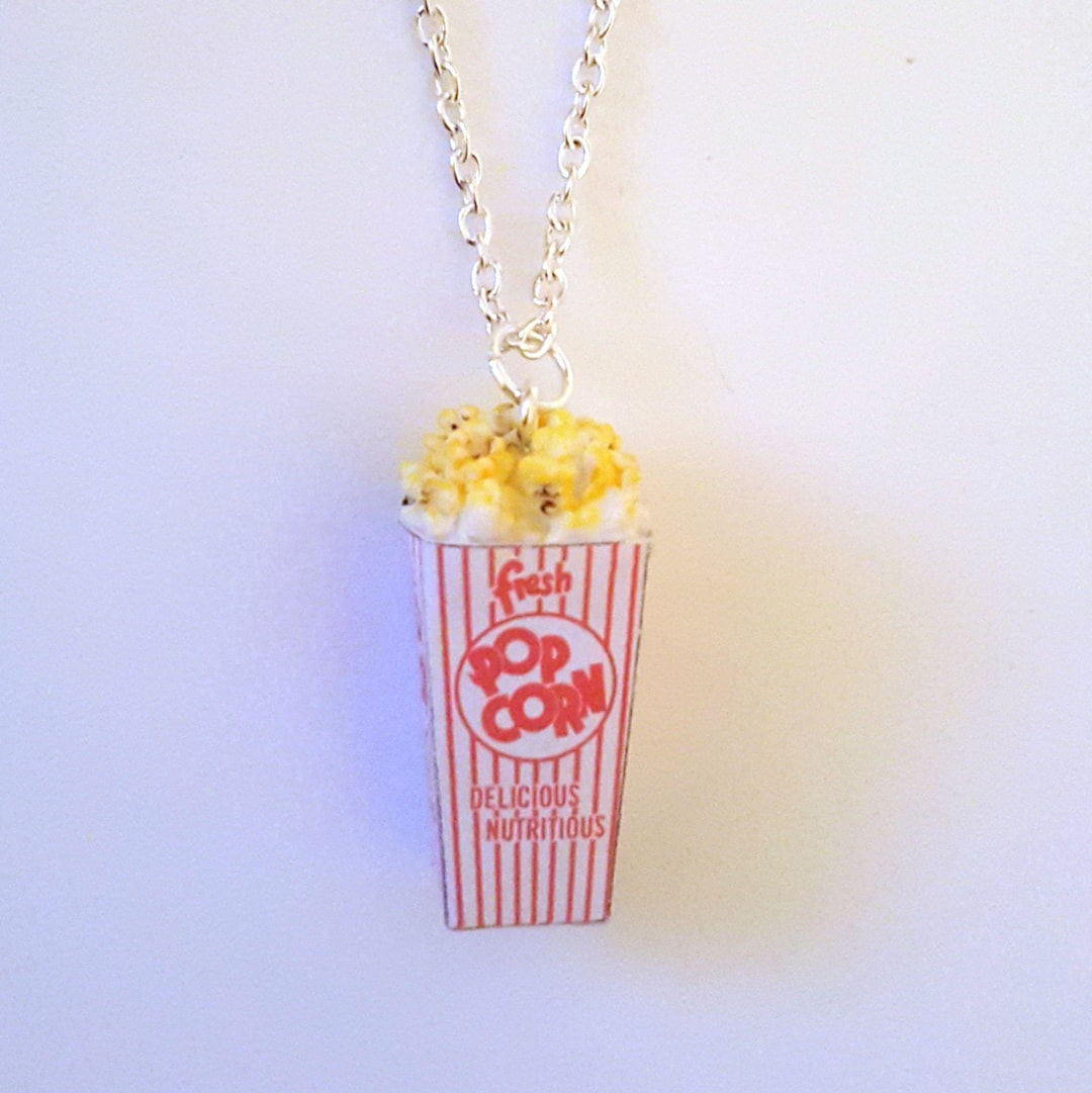 Miniature Food Movie Popcorn Necklace With Chain, Silver Plated, Gold ...