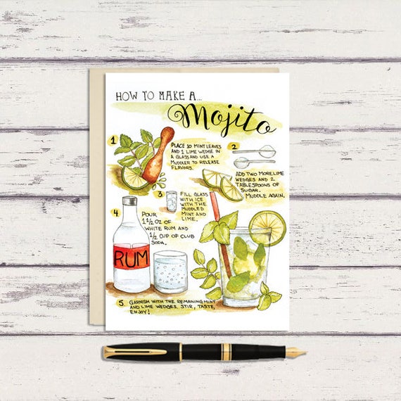 How to make a mojito 5 x 7 Watercolor Greeting Card/ A7 / | Etsy