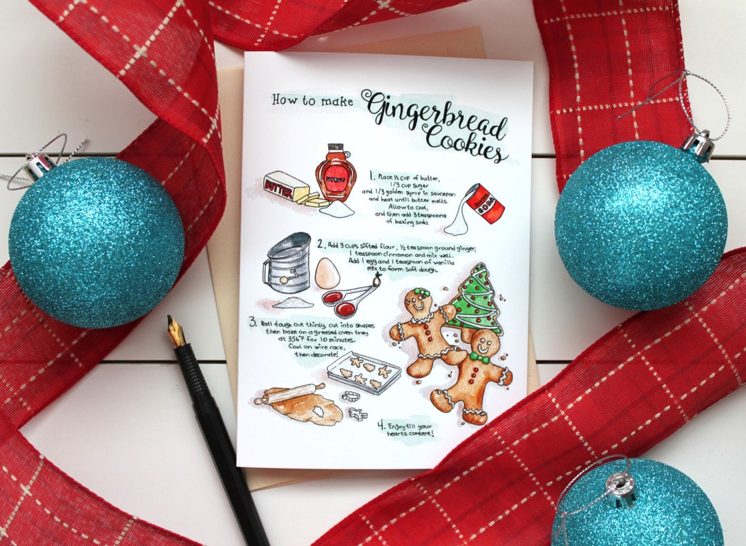 Gingerbread Cookie Recipe Greeting Card 5 X 7 Watercolor Greeting Card ...