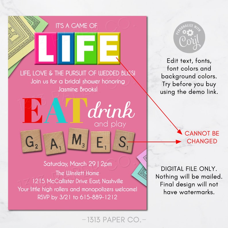 Editable Bridal Shower Invitation, Game Night Invitation, Game Night ...