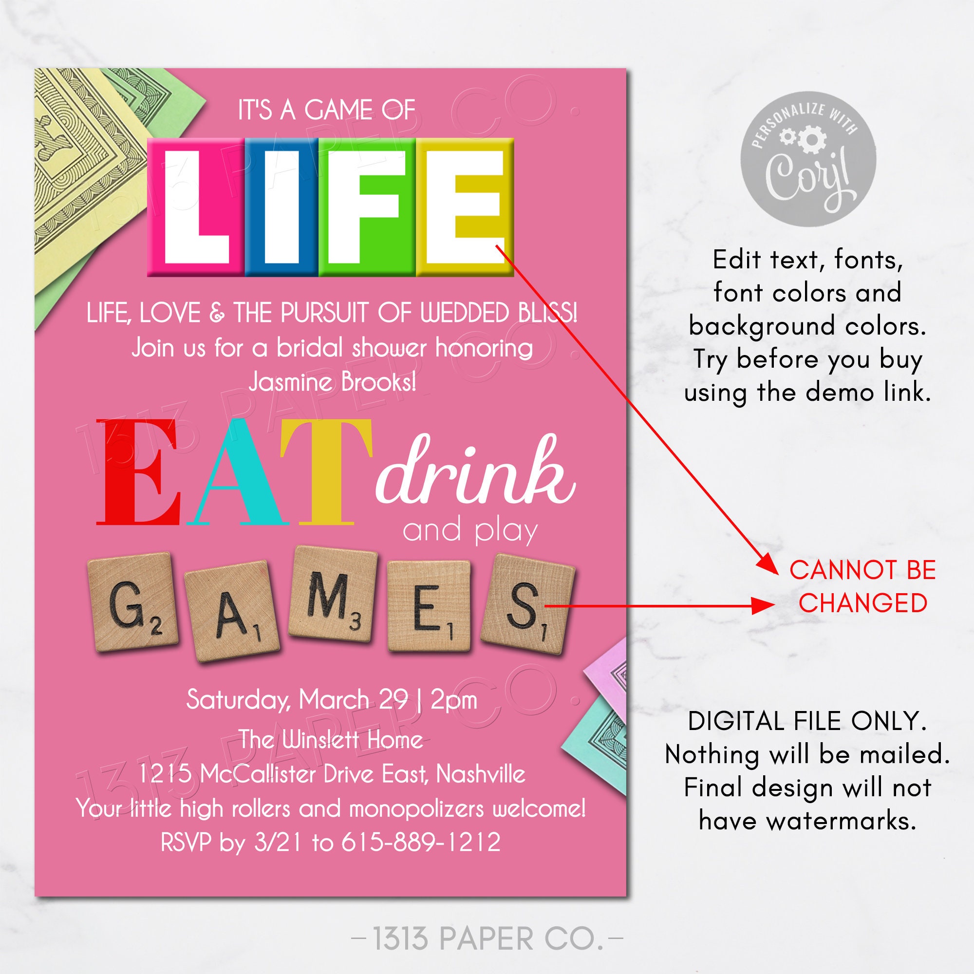 Editable Bridal Shower Invitation, Game Night Invitation, Game Night ...