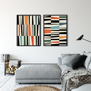 SET OF 2 Mid Century Modern Abstract Wall Art Print, Blue Green Orange ...