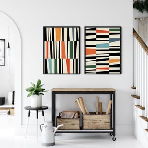 SET OF 2 Mid Century Modern Abstract Wall Art Print, Blue Green Orange ...