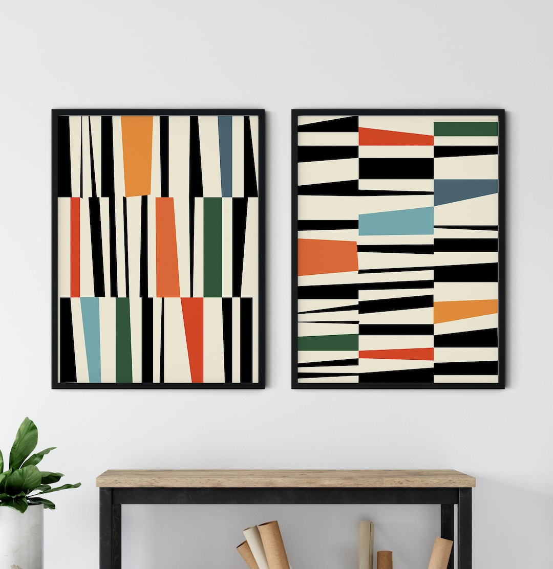 SET OF 2 Mid Century Modern Abstract Wall Art Print, Blue Green Orange ...