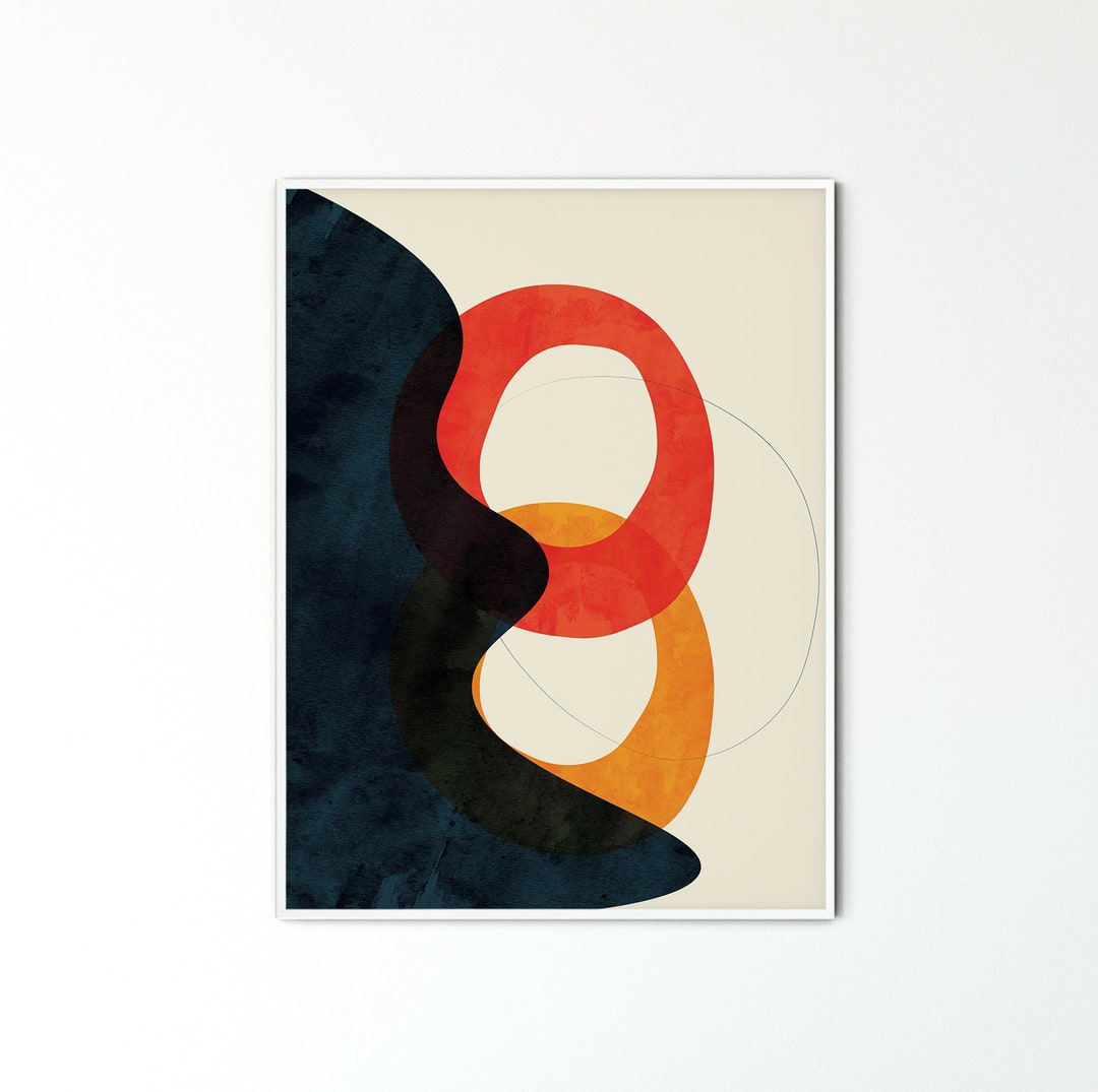 Mid Century Modern Orange Red Navy Blue Abstract Wall Art - Etsy