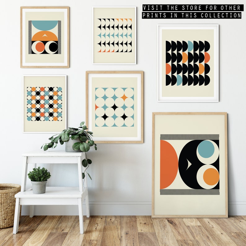 Mid Century Modern Geometric Abstract Wall Art Print Blue Etsy
