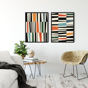 SET OF 2 Mid Century Modern Abstract Wall Art Print, Blue Green Orange ...