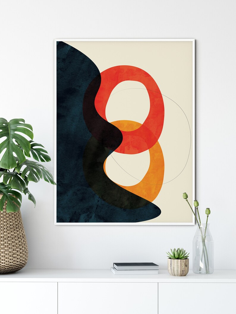 Mid Century Modern Orange Red Navy Blue Abstract Wall Art - Etsy