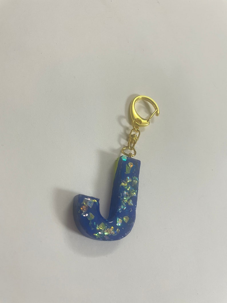 J Initial Keychain Resin Initial Letter Blue Keyring / Gold Clasp Key ...