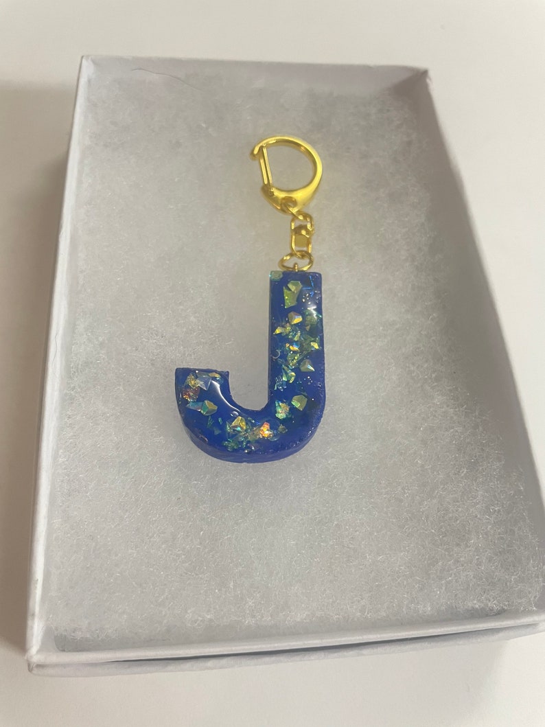 J Initial Keychain Resin Initial Letter Blue Keyring / Gold Clasp Key ...