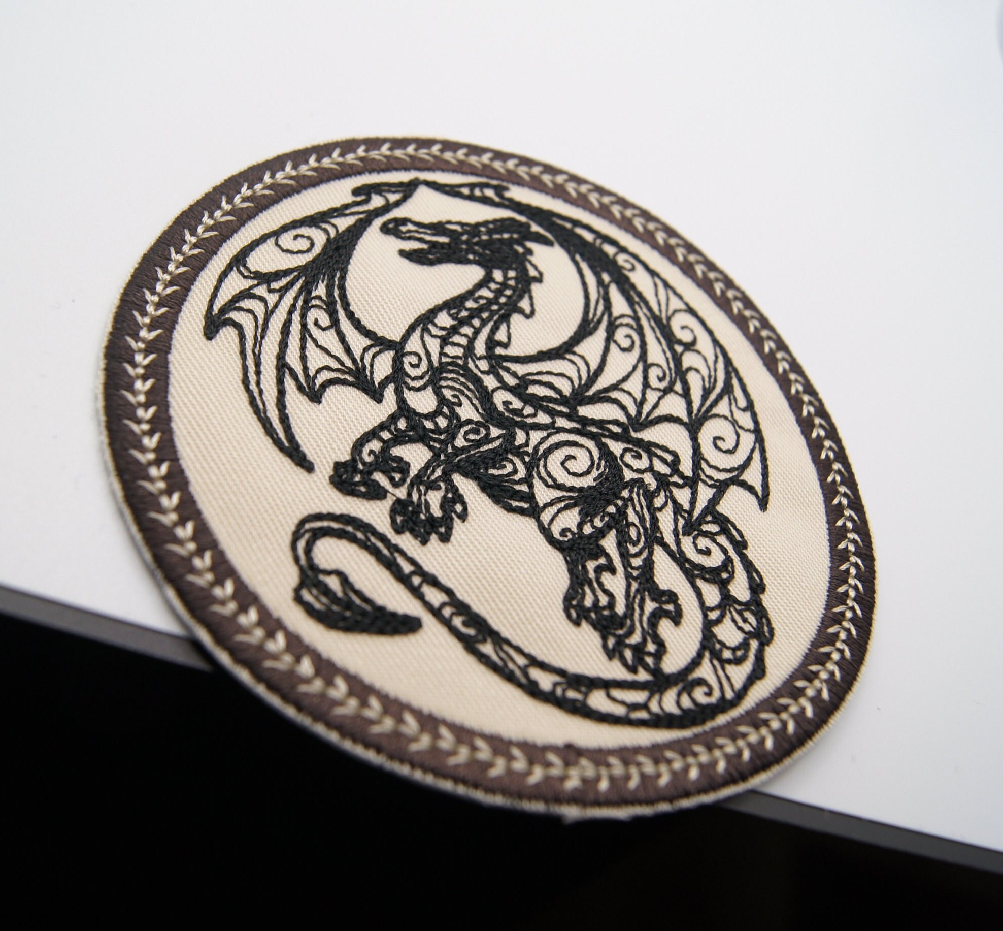 Dragon Embroidered Iron on Patch: Mythical Dragon Tan Twill Fabric - Etsy