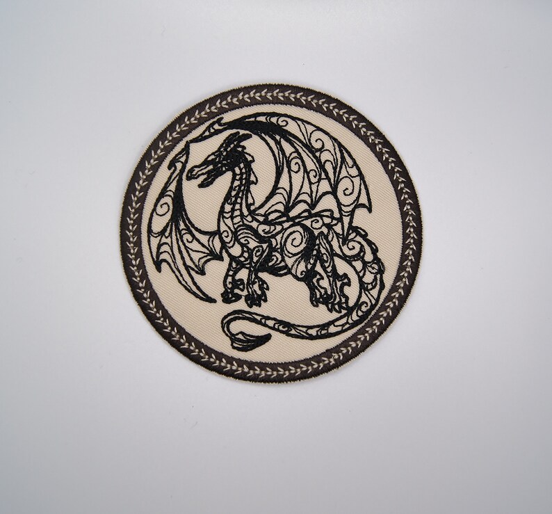 Dragon Embroidered Iron on Patch: Mythical Dragon Tan Twill Fabric - Etsy