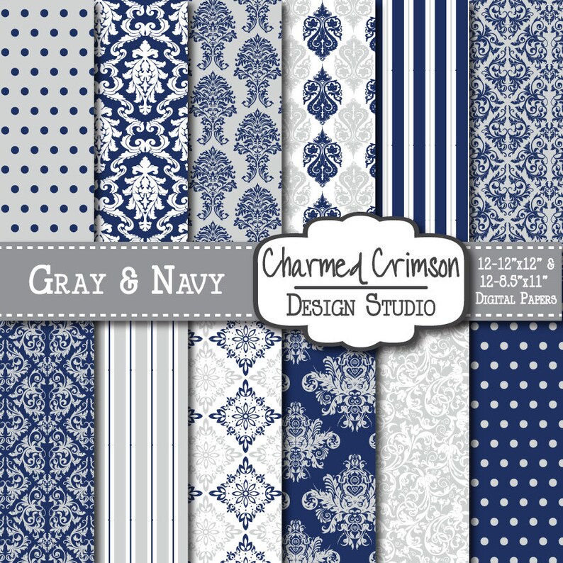 Gray Digital Paper, Damask Digital Paper, Navy Digital Pattern, Gray ...