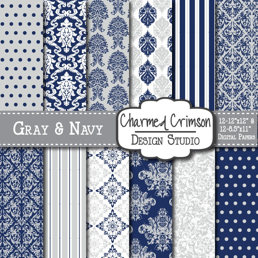 Gray Digital Paper, Damask Digital Paper, Navy Digital Pattern, Gray ...