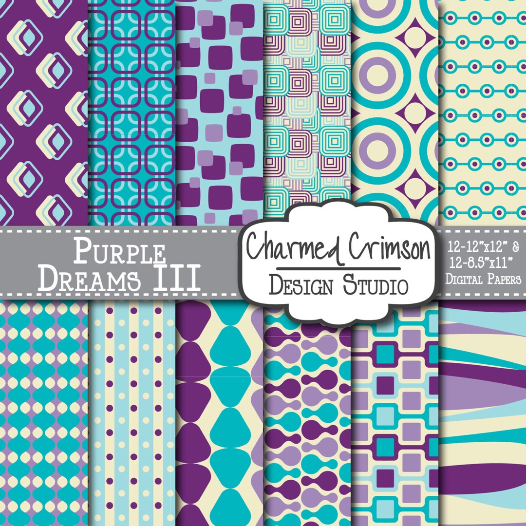 Retro Digital Paper, Purple Digital Paper, Blue Digital Pattern, Aqua ...