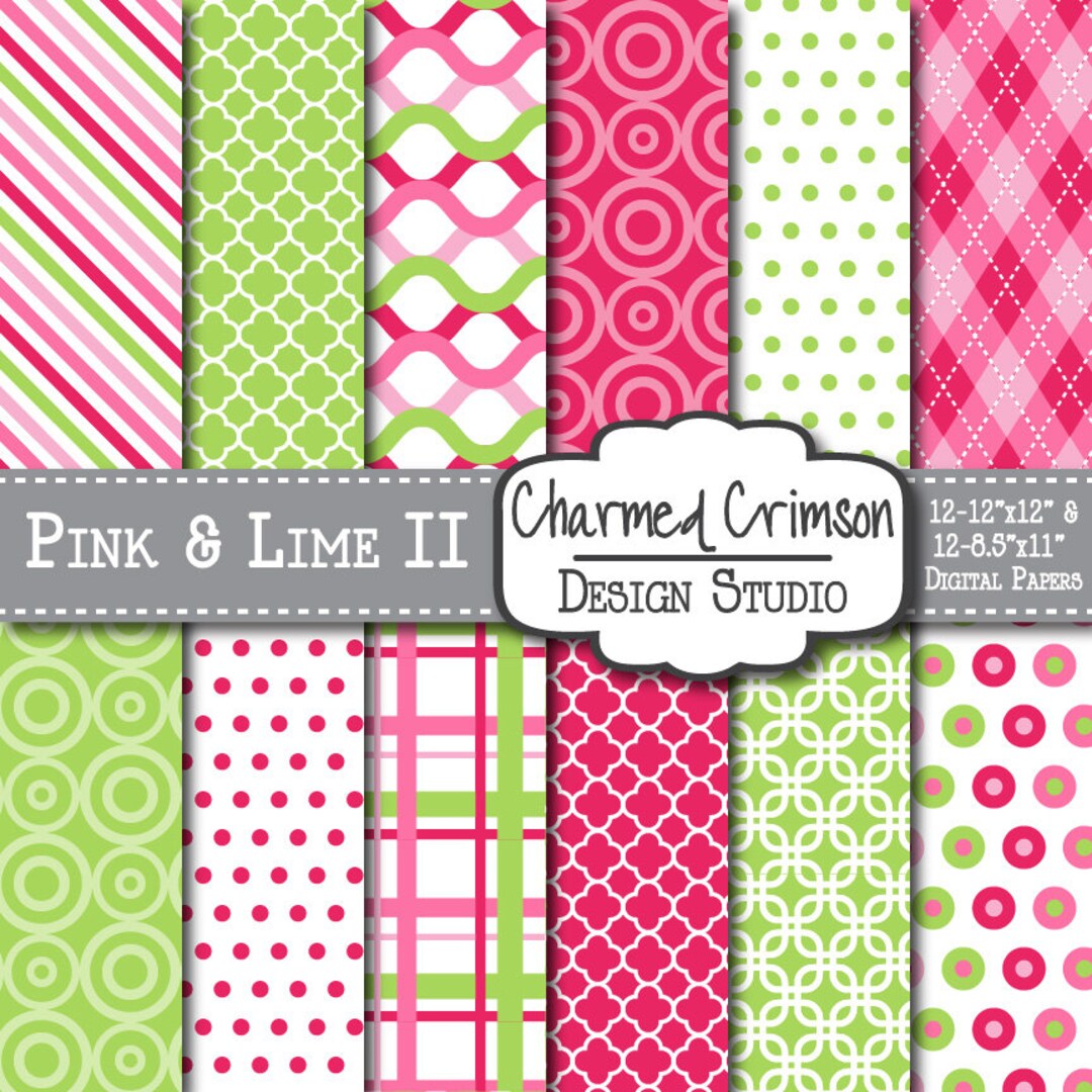 Pink Digital Pattern, Lime Digital Paper, Pink Pattern, Green Paper ...