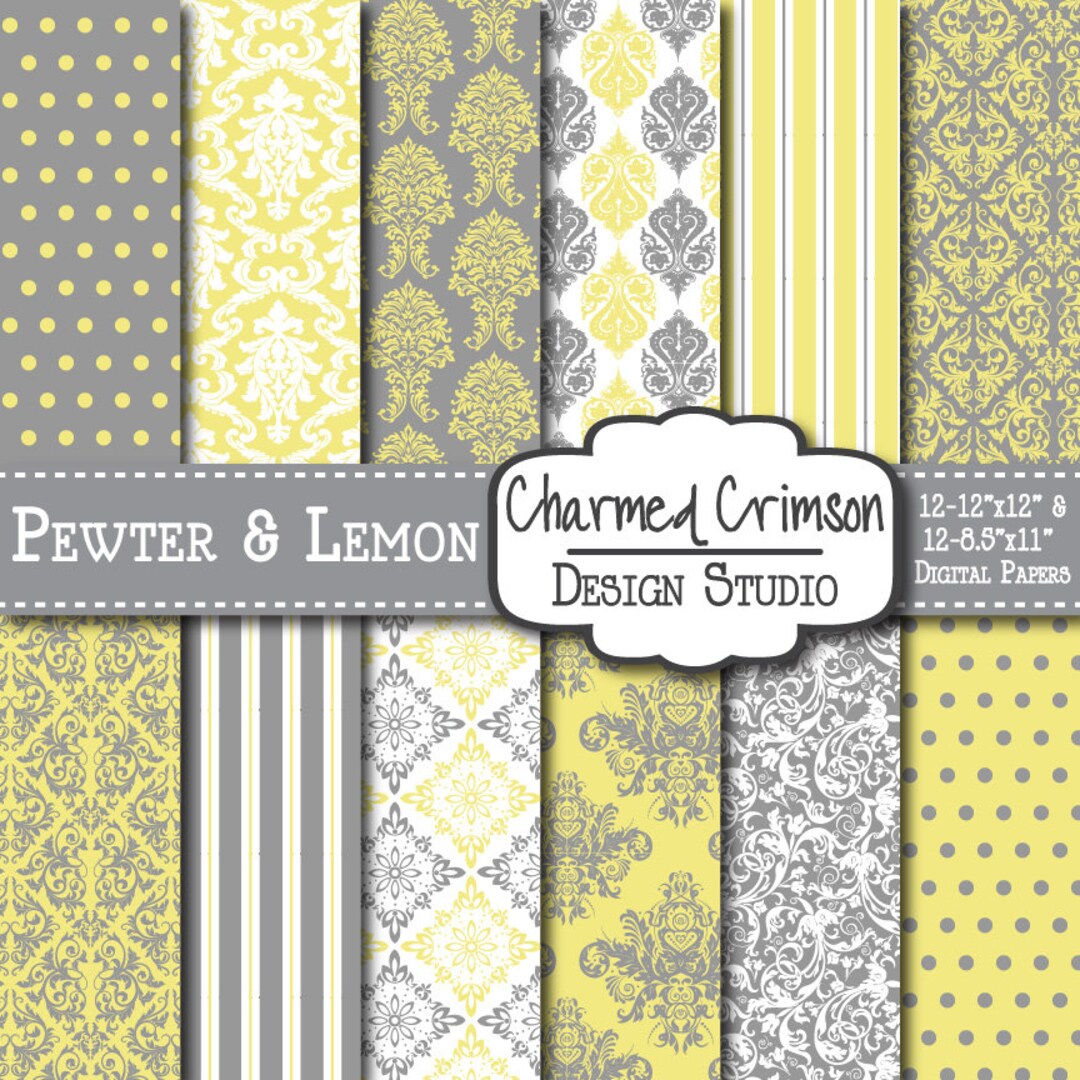 Gray Digital Paper, Damask Digital Paper, Yellow Pattern, Gray Paper ...