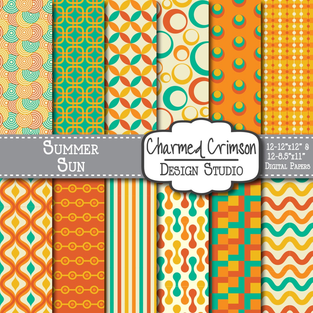 Retro Digital Paper, Yellow Digital Paper, Orange Digital Pattern, Aqua ...