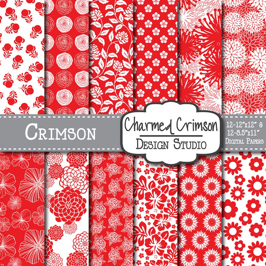 Crimson Digital Paper, Floral Digital Paper, Red Floral Background With ...