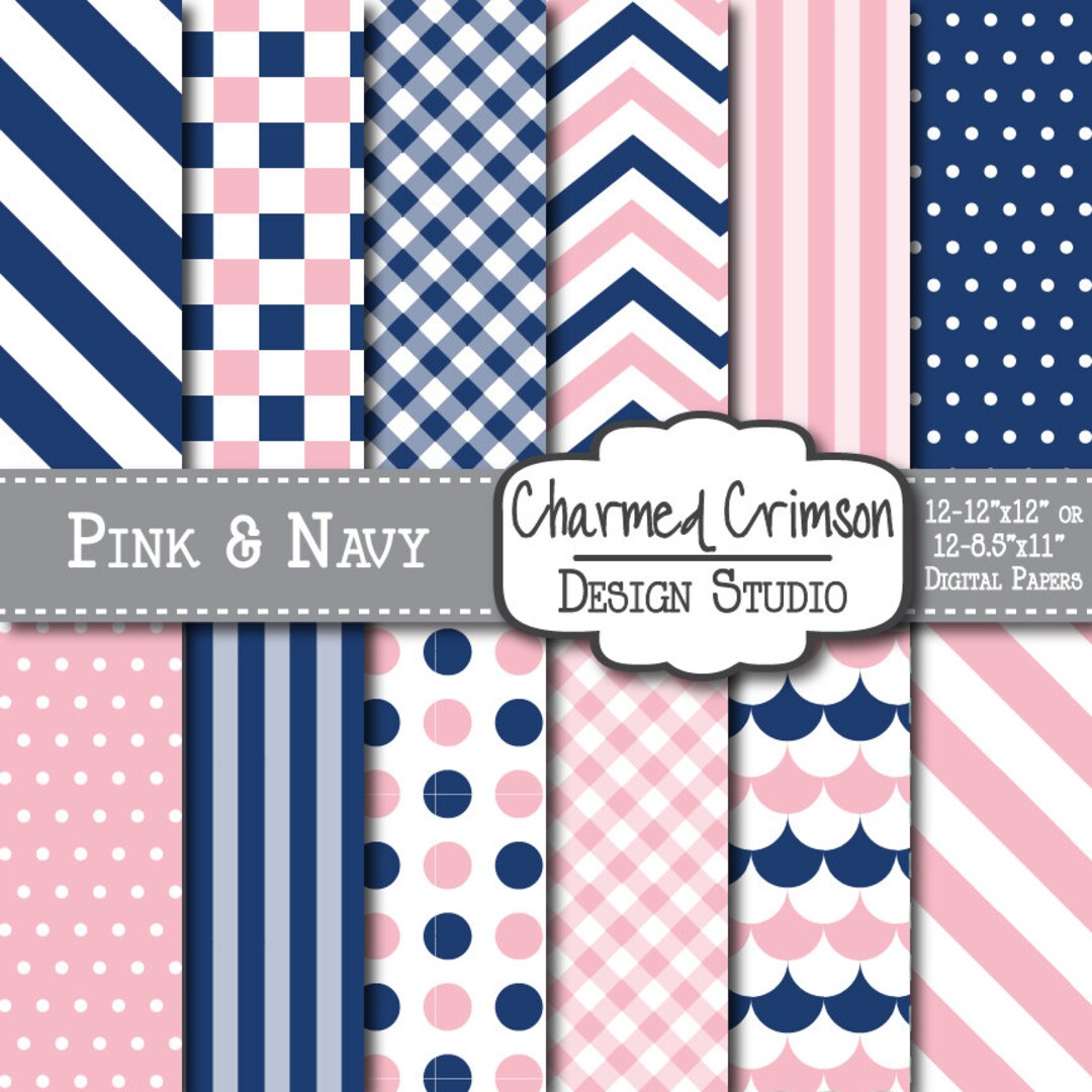 Navy Digital Paper, Pink Digital Paper, Navy Digital Pattern, Pink ...