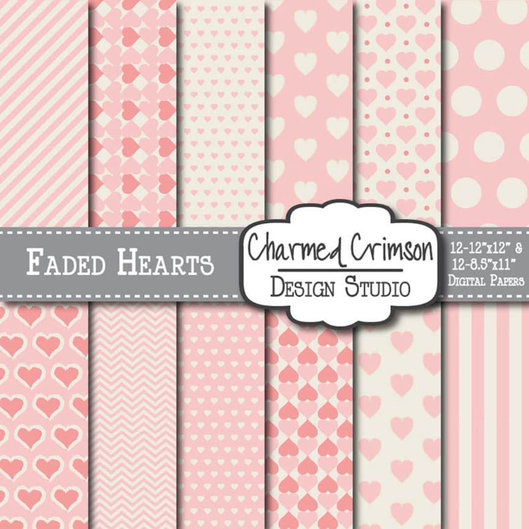 Pink Digital Paper, Heart Digital Paper, Faded Digital Pattern, Cream ...