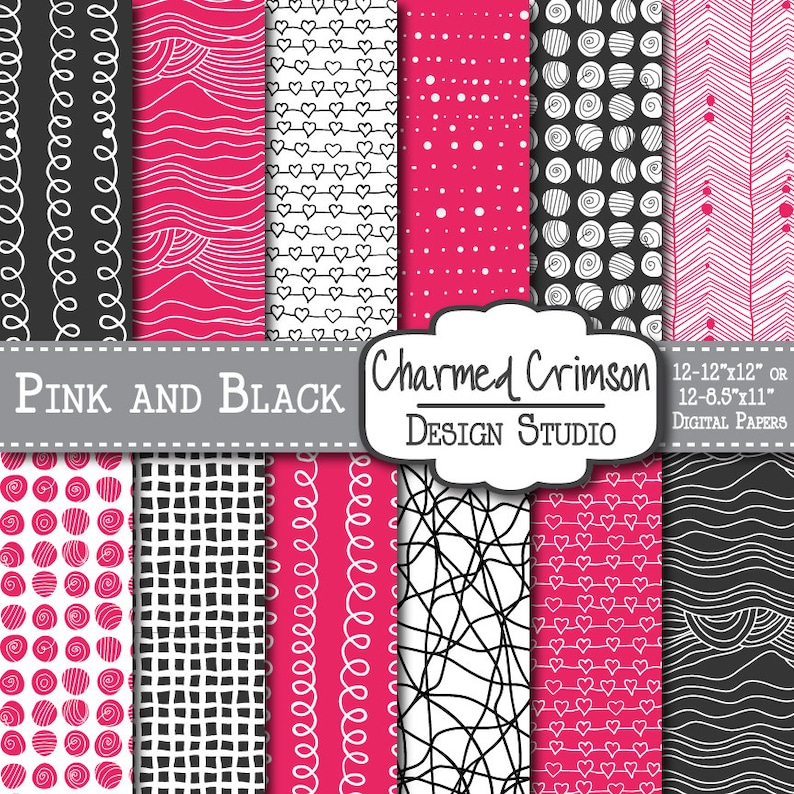 Doodle Digital Paper, Pink Black Doodles, Pink Pen Doodles, Circles ...