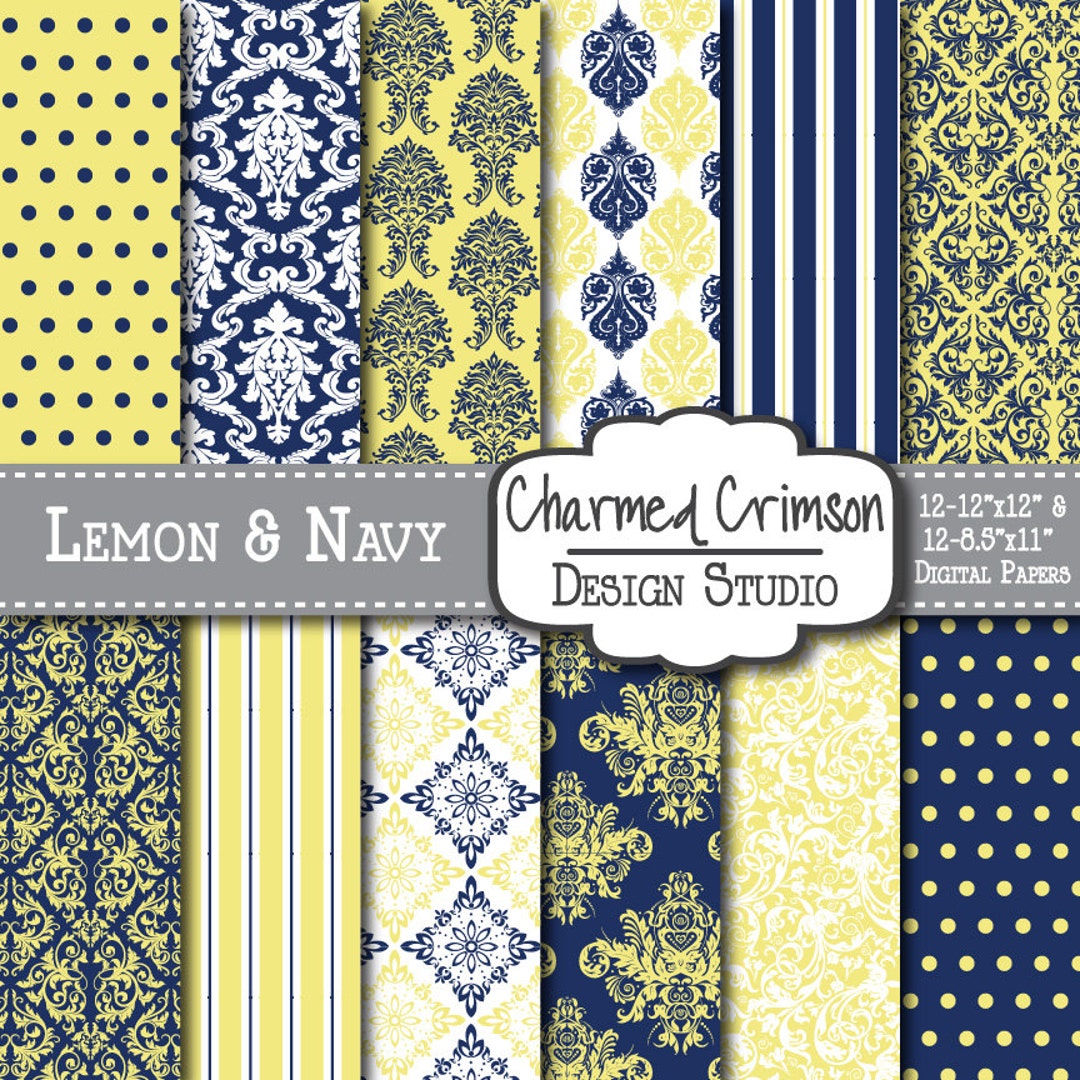 Navy Digital Paper Damask Digital Paper Yellow Digital - Etsy