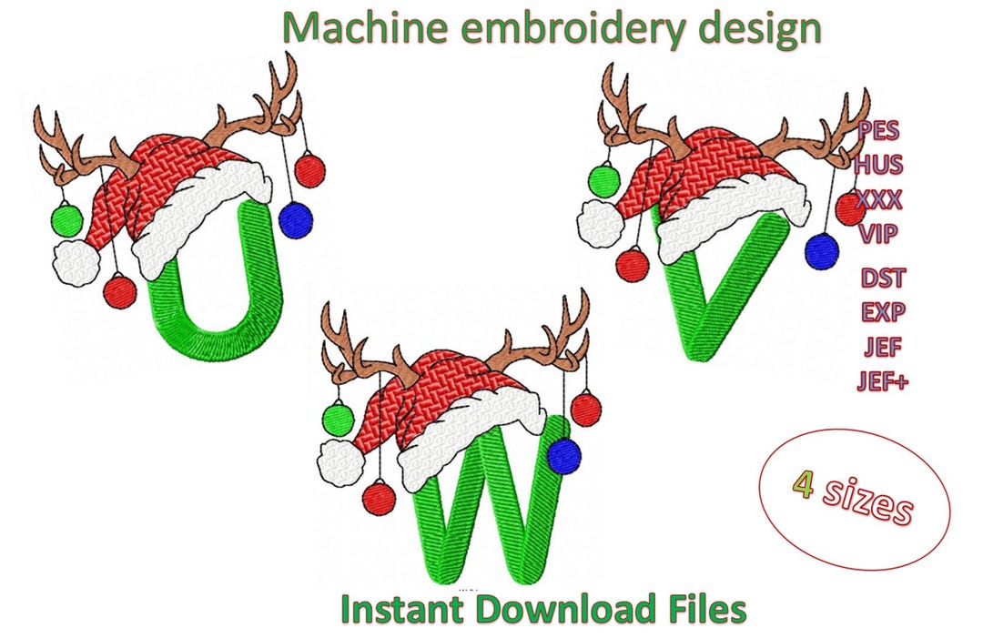 U,V,W Letters, Christmas Alphabet Machine Embroidery Designs, in 4 ...
