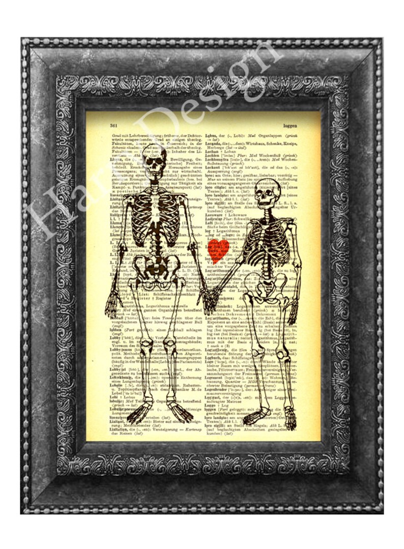 Loving Skeleton Couples Art Printskeletons Vintage Book | Etsy