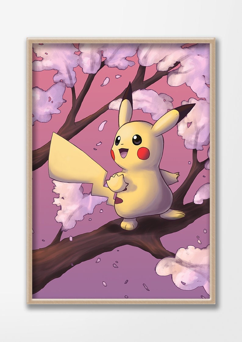 Cherry Blossom Pikachu Pokemon Art Print Kid's Room - Etsy