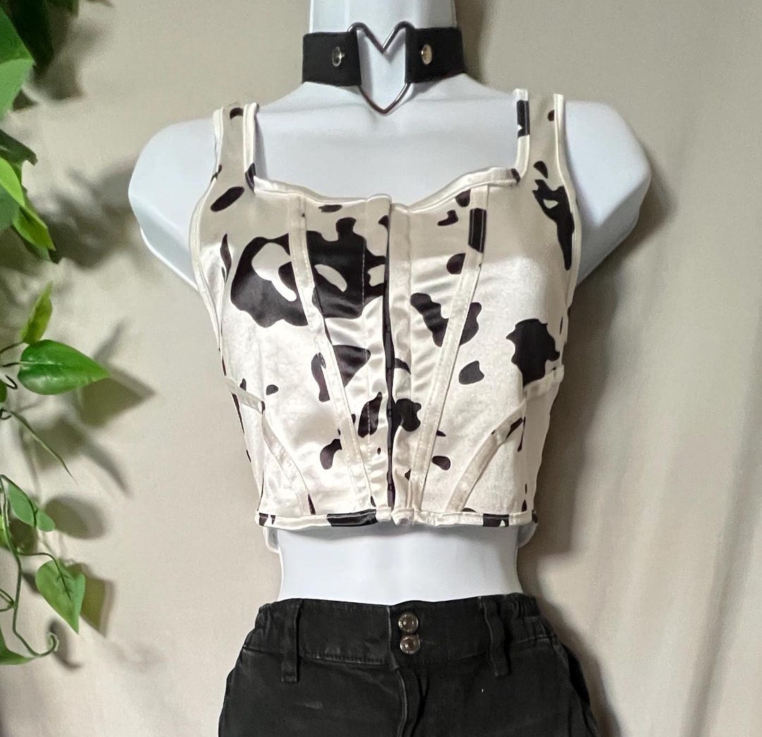 Black & White Cow Print Open Front Corset Tank Crop Top Designer Shirt ...
