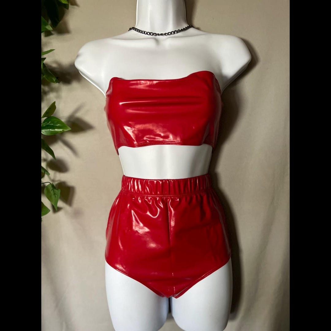 Shiny Wet Look Red Matching Two Piece Tube Crop Top & High Waisted ...