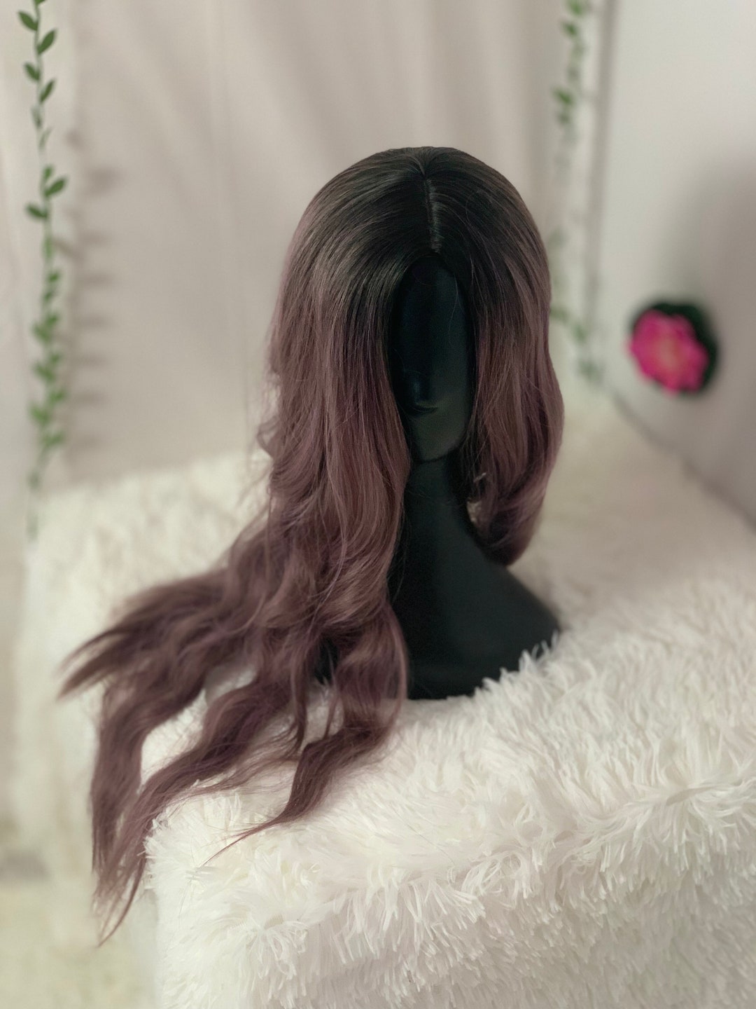 Pastel Taro Purple Long Wavy Wig - Dark Root Curly Center Part Bangs ...