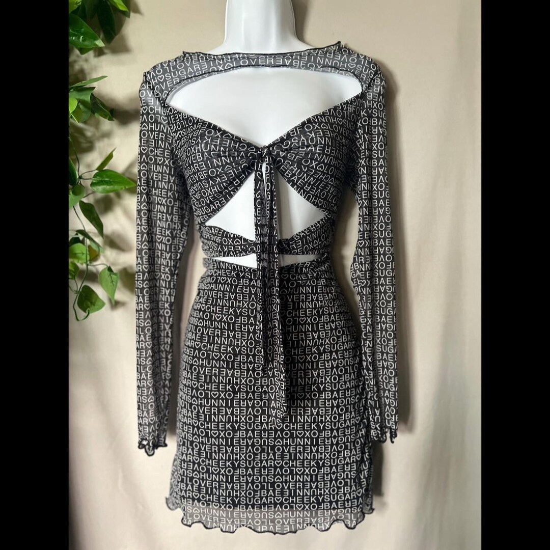 Black & White Dress Lettering Words Letters Sheer Mesh Medium Length ...