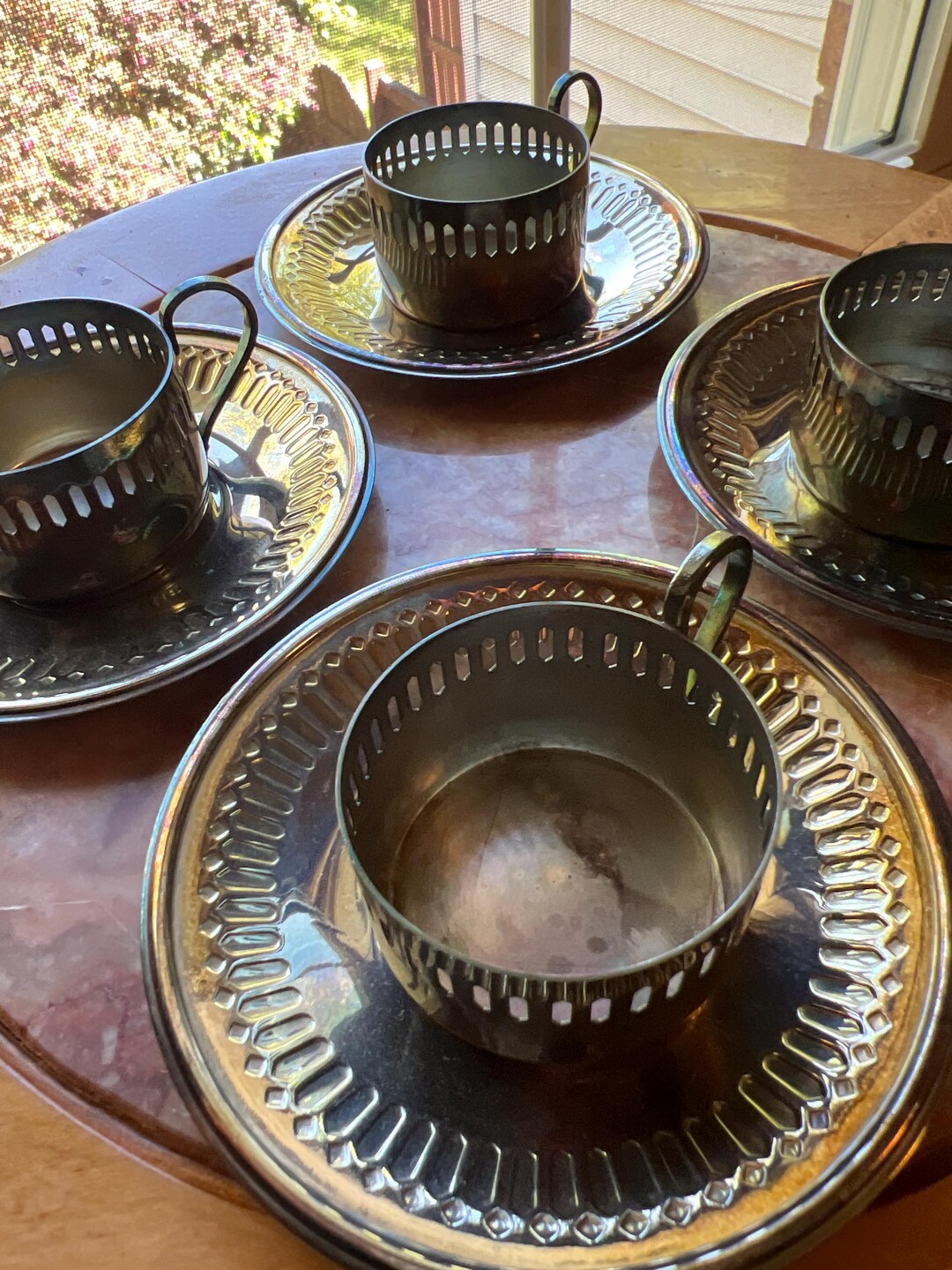 Vintage BELLINI Silver Plate Set of 4 Demitasse Cup Liner W. Saucer ...